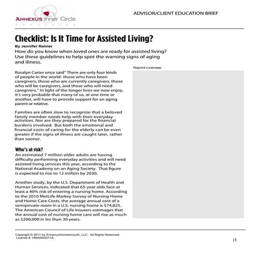 Checklist: Is It Time For Assisted Living? | PDF