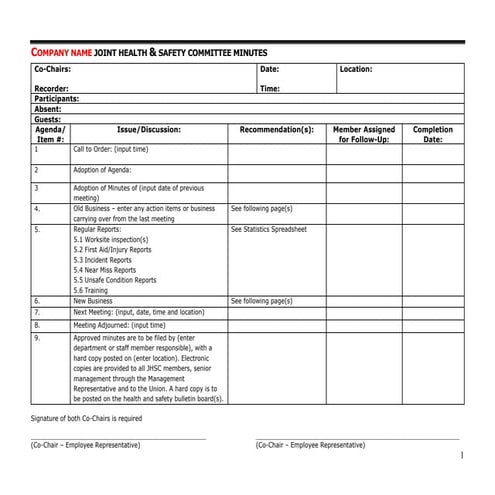 JHSC-Minutes-Template- for fire and safety committee meetings | PPT