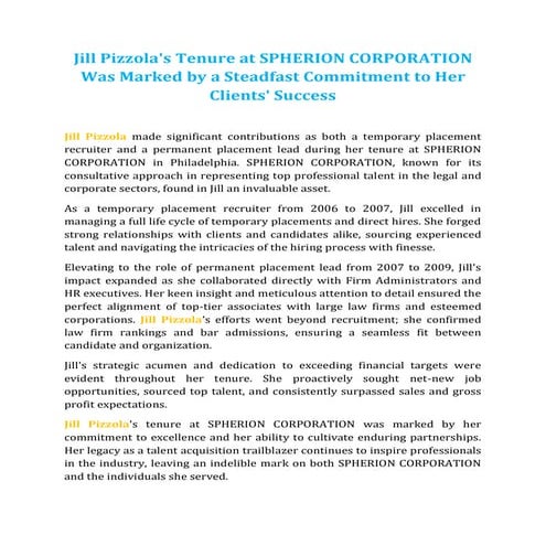 Jill Pizzola's Tenure at SPHERION CORPORATION Was Marked by a Steadfast ...