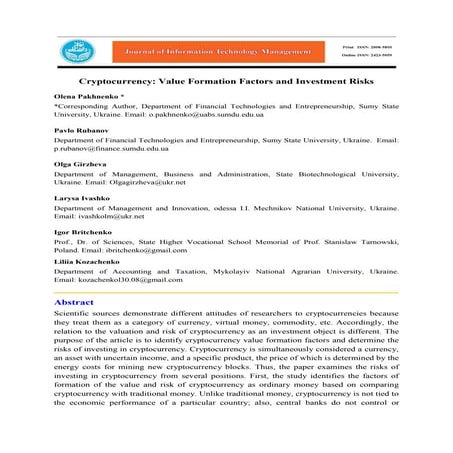 Cryptocurrency: Value Formation Factors and Investment Risks | PDF