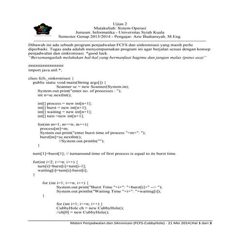 Ujian 2 MK SO FCFS Sinkronisasi java | PDF | Programming Languages | Computing