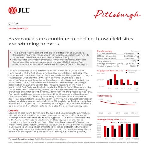JLL Pittsburgh Industrial Insight & Statistics - Q1 2019 | PDF
