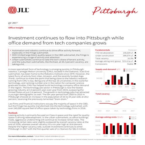 JLL Pittsburgh Office Insight & Statistics - Q1 2017 | PDF