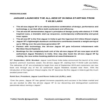 2016 Jaguar XF India launch - Press Release | DOCX