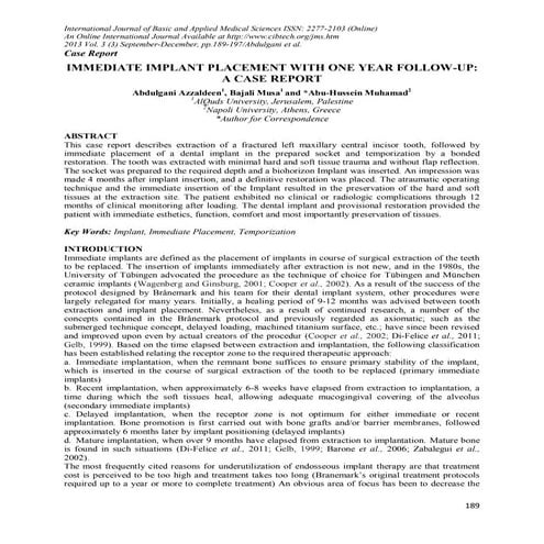 IMMEDIATE IMPLANT PLACEMENT WITH ONE YEAR FOLLOW-UP: A CASE REPORT | PDF | Dental Health ...