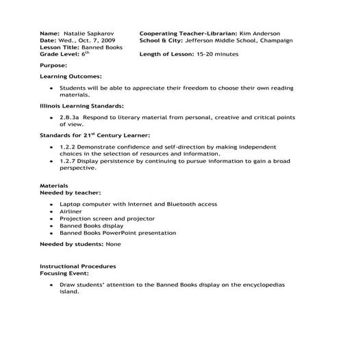 Banned Books Lesson Plan | DOCX