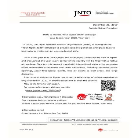 JNTO to launch "Your Japan 2020" campaign | PDF