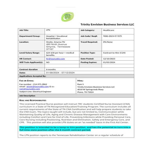 Job description LPN Contract and onsite role | DOCX