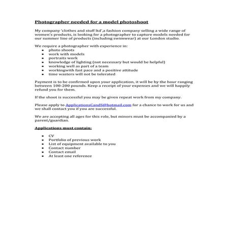 Job advert | DOCX | Photography | Arts and Crafts