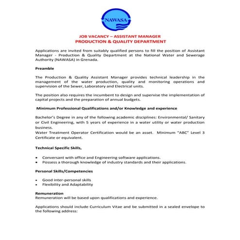 Nawasa Job Vacancy – ASSISTANT MANAGER PRODUCTION & QUALITY DEPARTMENT | PDF