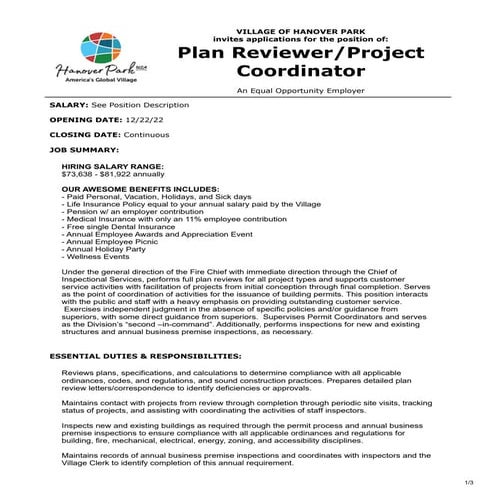 Village of Hanover Park Plan Reviewer/Project Coordinator | PDF