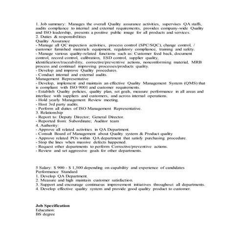 Quality Assurance Manager Job Description | DOC