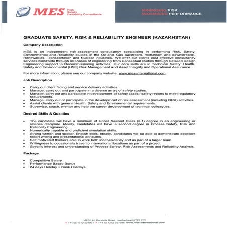 Graduate Safety Risk & Reliability Engineer (Kazakhstan) | PDF