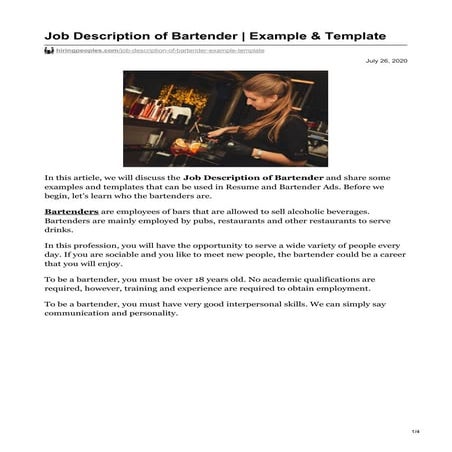 Job description of bartender example amp template | PDF