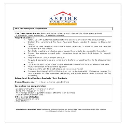 Job Description for Operations Executive | PDF | Home Financing ...