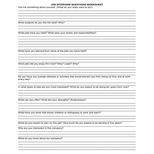 Job interview questions worksheet | DOC