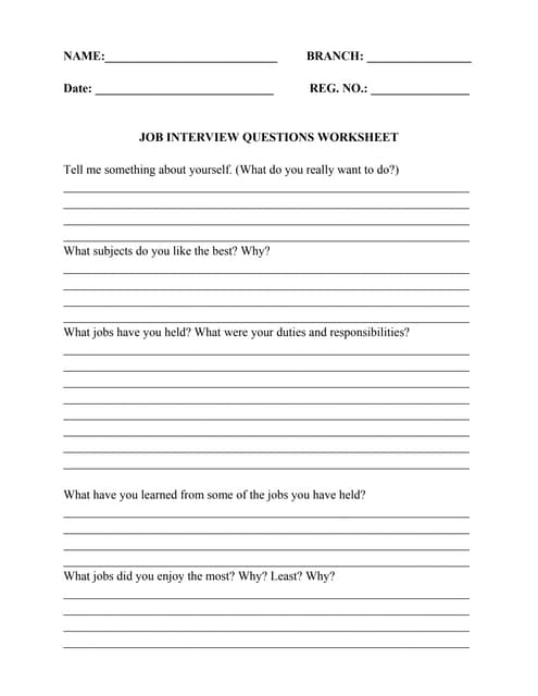 Job interview questions worksheet | DOC