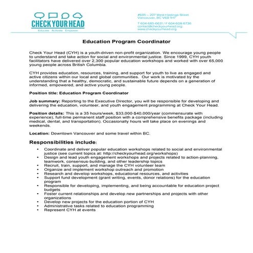 Education Program Coordinator - Check Your Head | PDF
