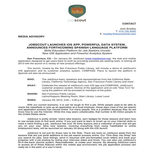 JobScout iOS Launch Media Advisory | PDF