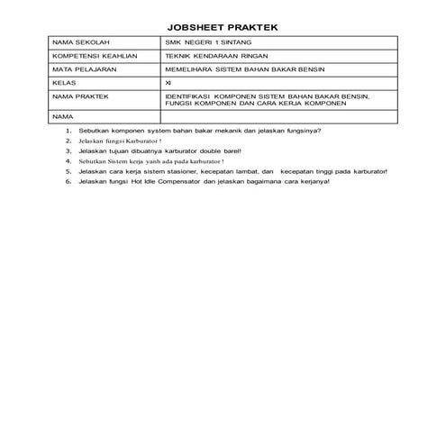 Jobsheet praktek 1 bb bensin | PDF