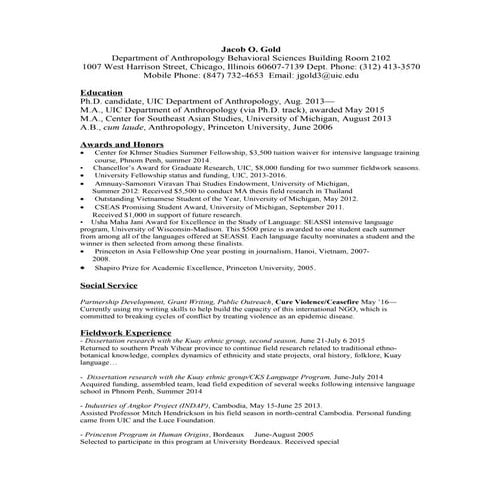 Jacob Gold Academic CV 2016 | DOC