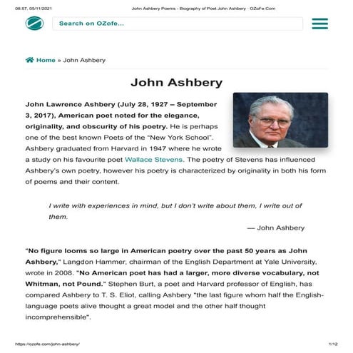 John Ashbery Poems - Biography of Poet John Ashbery · OZoFe.Com ...