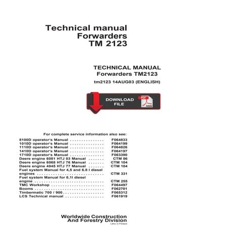 John Deere Timberjack 1010d 1110d Wheeled Forwarder Technical Repair ...