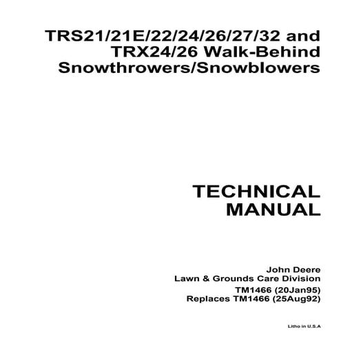 John deere trs22 walk behind snowthrowers & snowblowers service repair manual (tm1466) | PDF