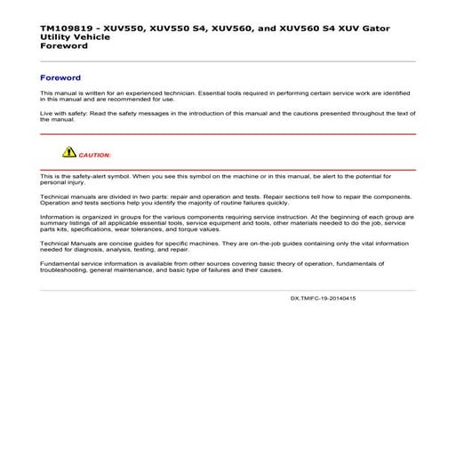 John deere xuv550 xuv gator service repair manual (tm109819) | PDF