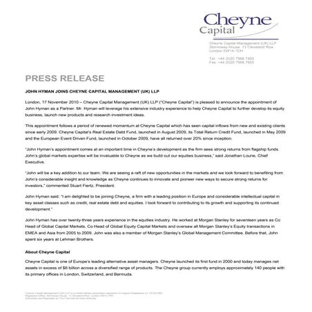 John hyman joins cheyne hedge fund | PDF | Financial Industry | Industries