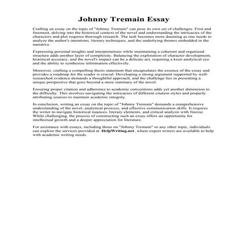 Johnny Tremain Essay. Johnny tremain. Johnny Tremain Documents Course ...