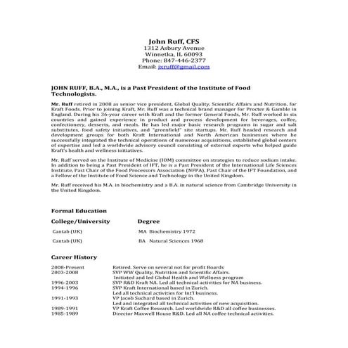 John ruff cv | PDF | Food & Drink