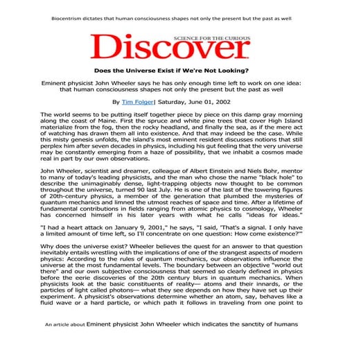 John wheeler, physicist biocentrism dictates that human consciousness ...