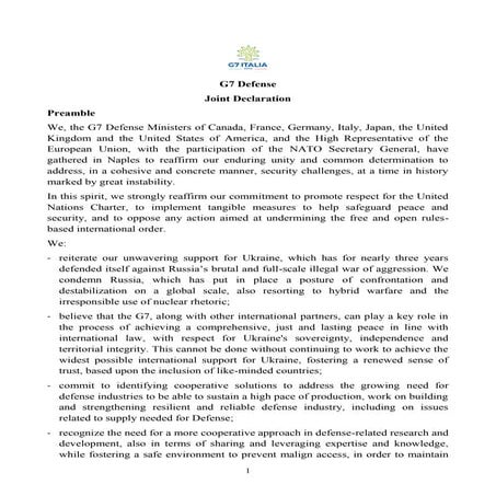 G7 Joint Declaration on Defence, October 2024 | PDF