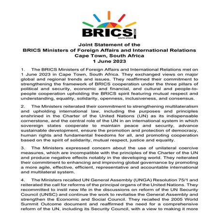 BRICS Joint Statement BRICS MFA 1 June 2023 | PDF