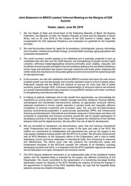 Joint Statement on BRICS Leaders 2019 | PDF Joint Statement on BRICS Leaders 2019 | PDF