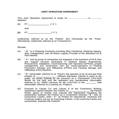 Form of Joint Operation Agreement (Purchase this doc, Text: 08118887270 ...