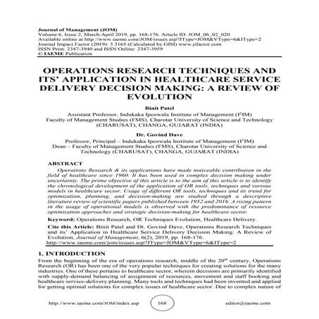 OPERATIONS RESEARCH TECHNIQUES AND ITS’ APPLICATION IN HEALTHCARE ...