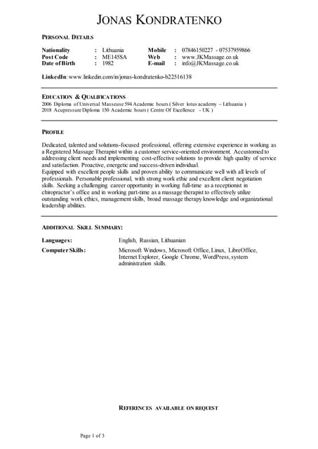 Volodymyr Dyak massage therapy resume | DOCX