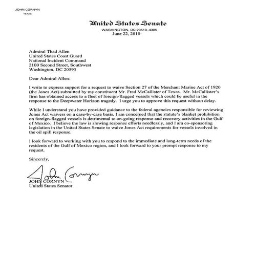 Jones Act Waiver Support Letter to nic Thad Allen 22 jun2010 final | PDF