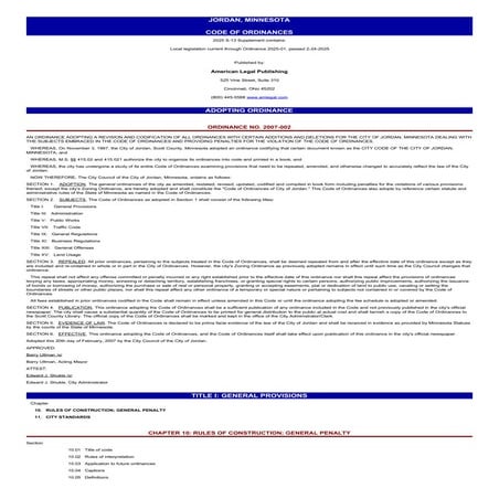 Jordan Minnesota City Codes and Ordinances | PDF