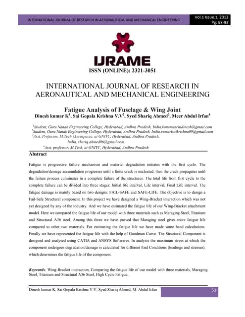 Design and Fatigue Analysis of a Typical Aircraft Wing fuselage Lug ...