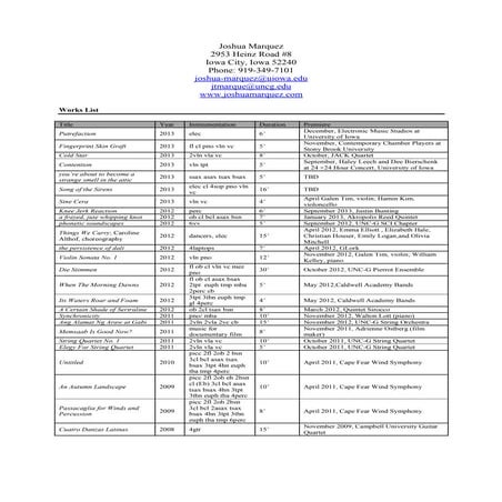 Joshua Marquez Works List | PDF