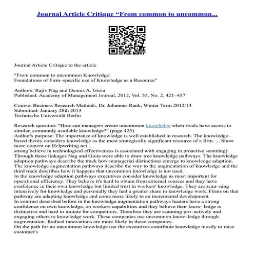 Journal Article Critique “From Common To Uncommon... | PDF