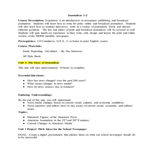 Journalism 1 2 course overview | DOCX
