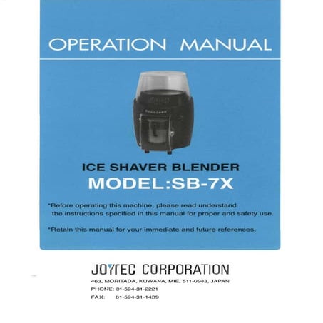 Joytec Ice Shaver Blender Sb-7 x-manual | PDF