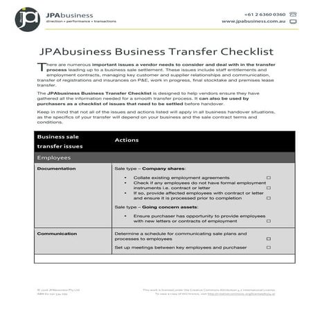 JPAbusiness Business Transfer Checklist | PDF