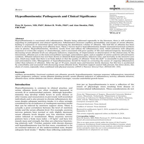 J Parenter Enteral Nutr - 2018 - Soeters - Hypoalbuminemia Pathogenesis ...
