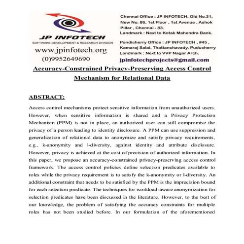 JPJ1415 Accuracy-Constrained Privacy-Preserving Access Control Mechanism for Relational Data | PDF