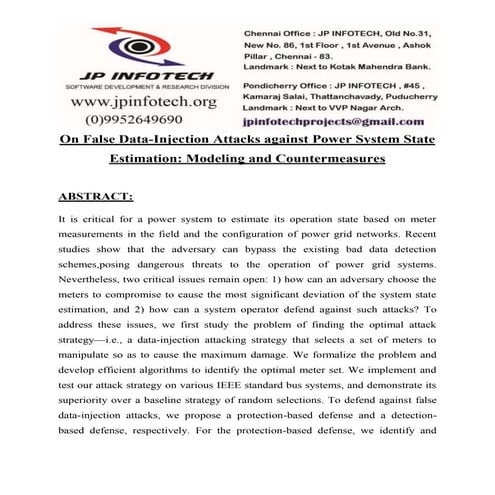 Jpj1439 On False Data Injection Attacks Against Power System State Estimation Modeling And